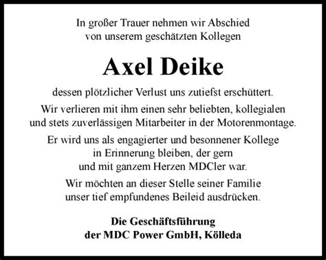 Traueranzeigen Von Axel Deike Trauer In Thueringen De