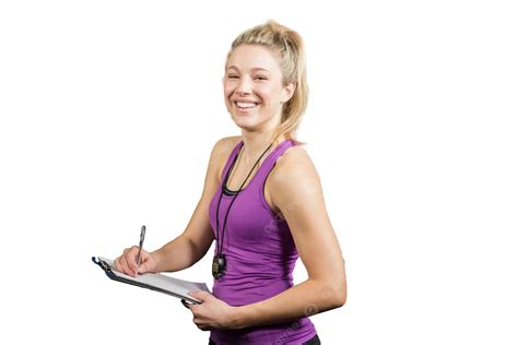 Female Gym Instructor Writing On Clipboard Stopwatch Body Female Happy