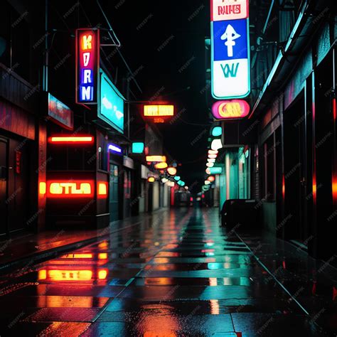 Visual Neon Signs Flickering In A Rainsoaked Alley Casting Reflections