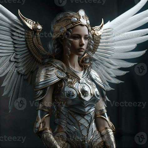 Fantasy Female Warrior In A Golden And Silver Armor With A Crown And Wings Character Design