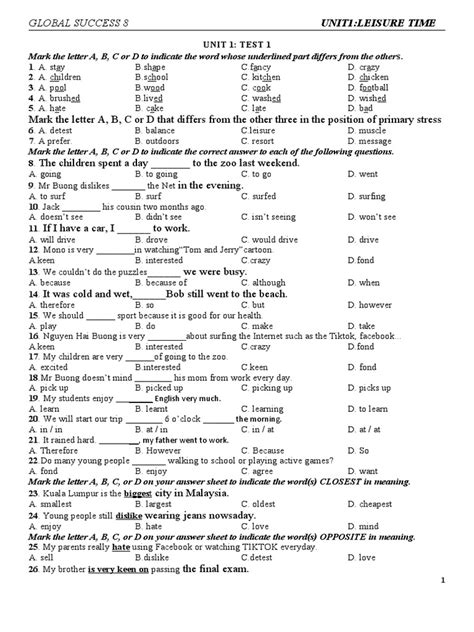 Unit 1 Practice Test Pdf Hobbies