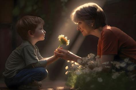 Le Garçon Donne Des Fleurs à Sa Mère Fête Des Mères Generative Ai Photo Premium