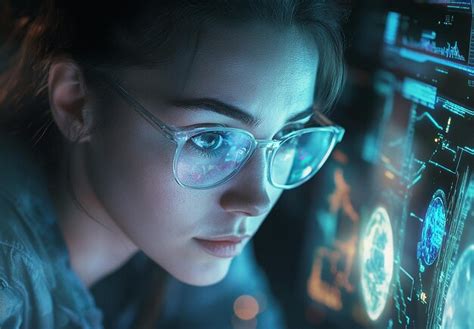 Photo Portrait Of A Young Woman Analyzing Digital Data With A Hightech World Map Interface
