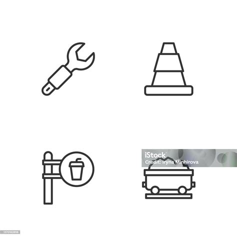 세트 라인 석탄 기차 마차 카페 와 레스토랑 위치 렌치 스패너와 교통 콘 아이콘 벡터 건설 산업에 대한 스톡 벡터 아트 및 기타 이미지 건설 산업 검은색 경계 표지