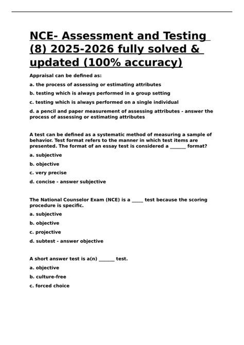 Nce Assessment And Testing 8 Fully Solved And Updated 100 Accuracy Nce And Cpce Stuvia Us