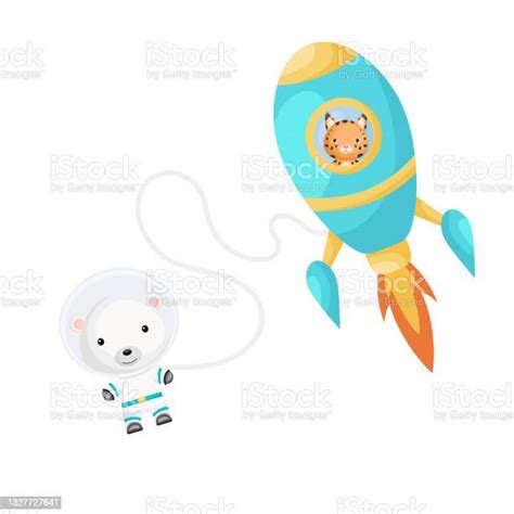 아쿠아 로켓에서 비행 귀여운 작은 살쾡이 흰색 배경에 로켓과 우주 의상만화 북극곰 캐릭터 베이비 샤워 초대 장 벽 장식을위한 디자인 벡터 일러스트레이션 0명에 대한 스톡