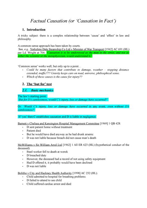 Law Of Tort Factual Causation Factual Causation Or ‘causation In Fact 1 Introduction A