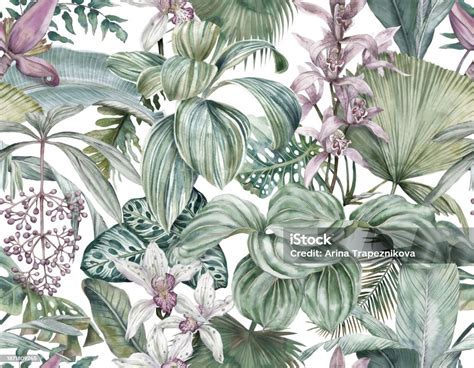 Tropical Botanical Wallpaper With Leaves And Orchids Seamless Pattern