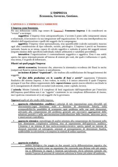 Riassunto Limpresa Economia Governo Gestione Docsity