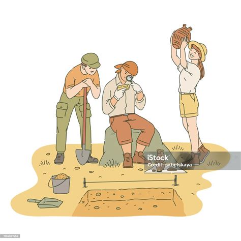 행복 한 남성과 여성 고고학자 연구 발견 유물 스케치 스타일 고고학에 대한 스톡 벡터 아트 및 기타 이미지 고고학 고고학자