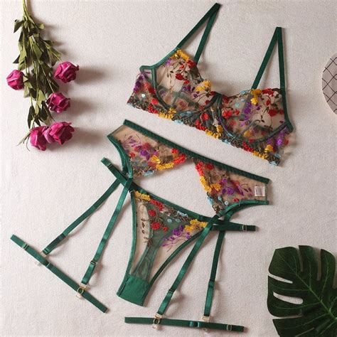 Boho Embroidered Lingerie Set Green Boudoir Lingerie High Quality