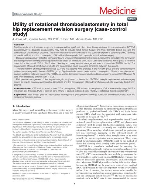 Pdf Utility Of Rotational Thromboelastometry In Total Hip Replacement Revision Surgery Case