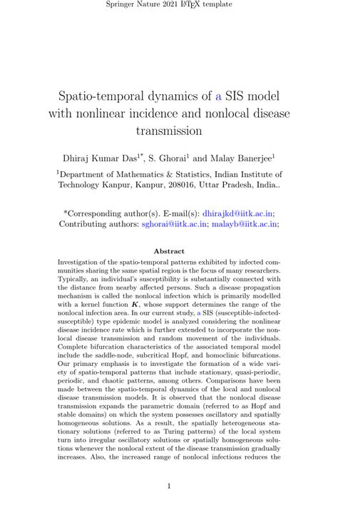 Pdf Spatio Temporal Dynamics Of A Sis Model With Nonlinear Incidence And Nonlocal Disease