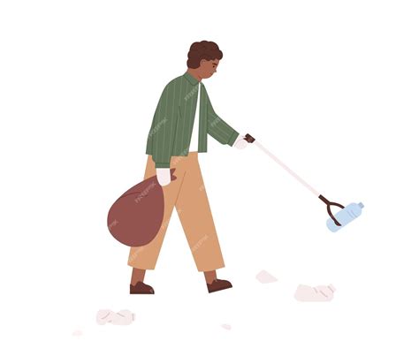 쓰레기 막대기로 플라스틱 쓰레기를 줍는 아이 쓰레기 봉투에 쓰레기를 수집 하는 아이 쓰레기로부터 환경을 청소하는 에코 자원 봉사자 평면 벡터 일러스트 레이 션 흰색