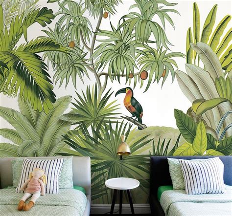 Hand Painted Tropical Rainforest Jungle Wallpaper Wall Mural Etsy