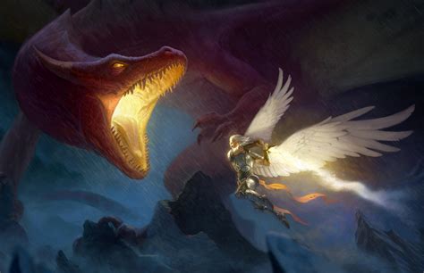 Angel Warrior Armor Dragon Man Rain Sword White Hair Wings Wallpaper
