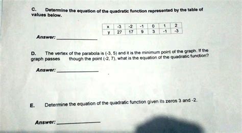 C Determine The Equation Of The Quadratic Function Represented By The