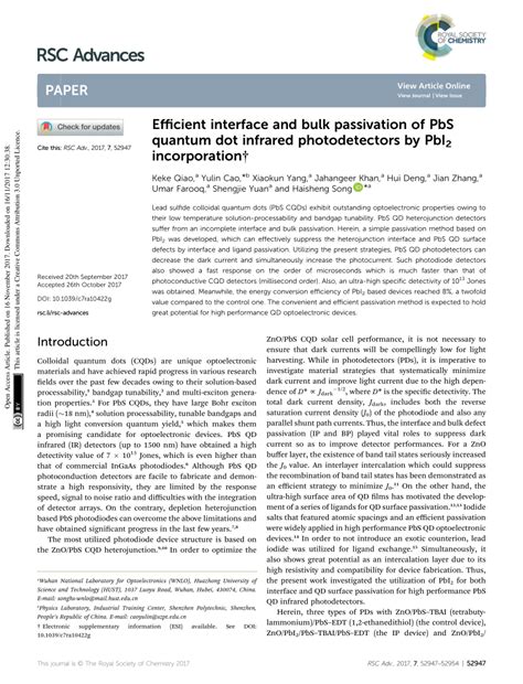 Pdf Efficient Interface And Bulk Passivation Of Pbs Quantum Dot
