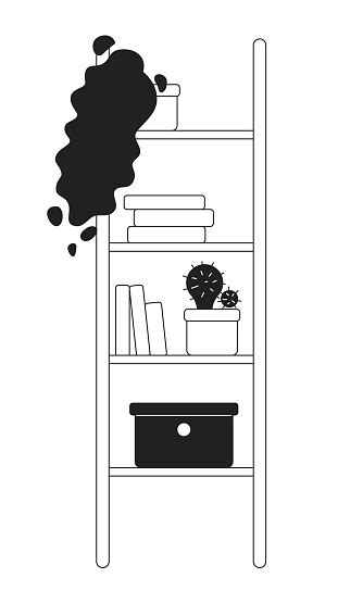 Ladder Shelves With Books And Houseplants Monochrome Flat Vector Object