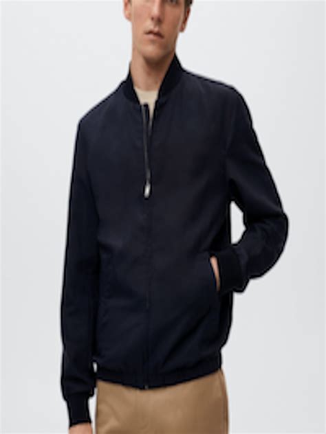 Buy Mango Man Navy Blue Solid Tencel Linen Bomber Sustainable Jacket