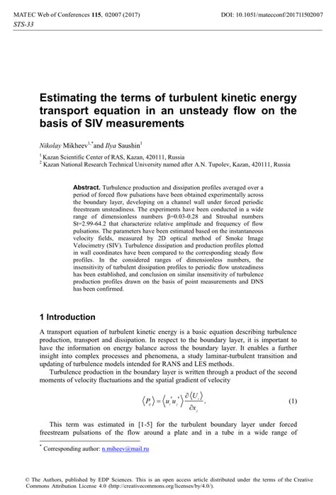 Pdf Estimating The Terms Of Turbulent Kinetic Energy Transport Equation In An Unsteady Flow On