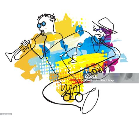 재즈 테마 표현력있는 그림 트럼펫 연주자 및 색소폰 연주자 재즈에 대한 스톡 벡터 아트 및 기타 이미지 재즈