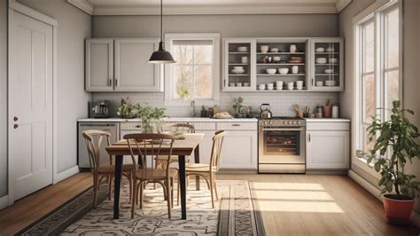 Small Kitchen With Wooden Flooring And A Light Fixture In The Style Of