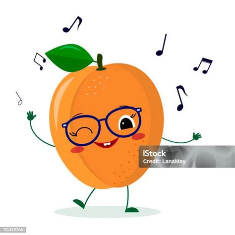 안경에 귀여운 잘 익은 살구 만화 캐릭터가 음악을 춤 로고 템플릿 디자인입니다 벡터 일러스트 레이 션 플랫 스타일 감정에 대한