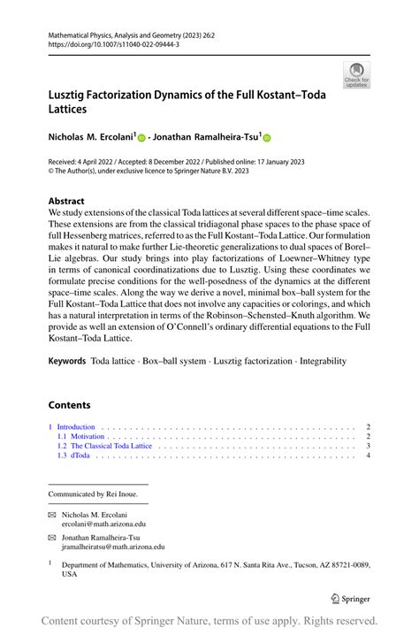 Lusztig Factorization Dynamics Of The Full Kostanttoda Lattices Request Pdf