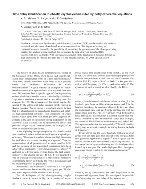 Pdf Time Delay Identification In Chaotic Cryptosystems Ruled By Delay Differential Equations