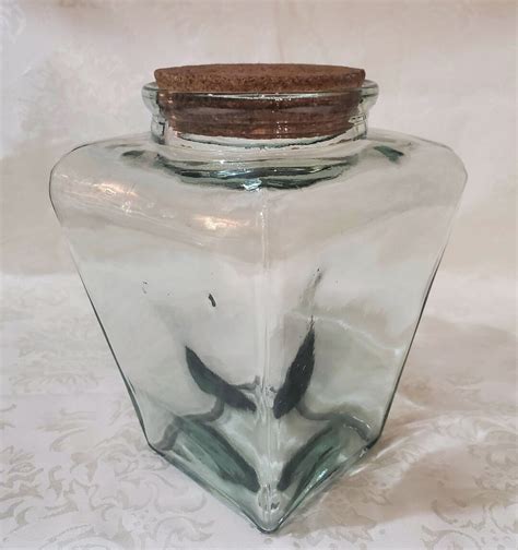 Vintage Parlane Uk Heavy Glass Jar With Cork Lid Square Aquagreen