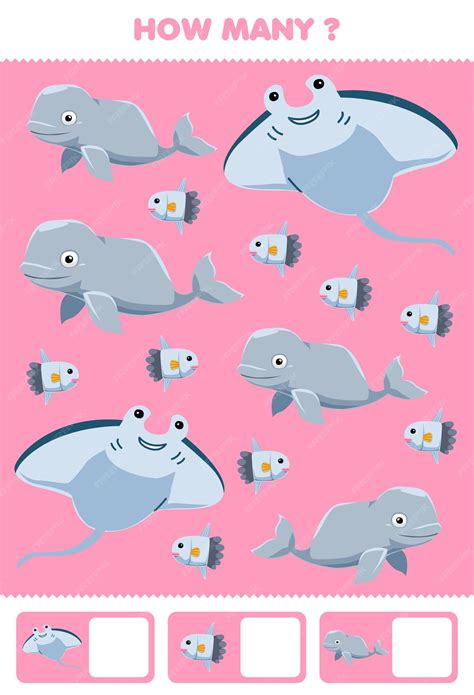 귀여운 만화 만타 벨루가 개복치 인쇄 가능한 수중 워크시트의 사진 수를 검색하고 계산하는 어린이를 위한 교육 게임 프리미엄 벡터