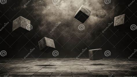 Floating Cubes In A Dark Atmospheric Environment Create A Surreal Visual Effect Stock
