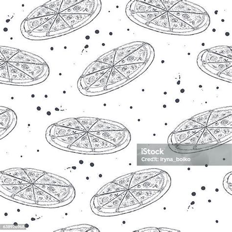 Ilustración De Pizza En Blanco Y Negro Patrón Sin Costuras Ilustración