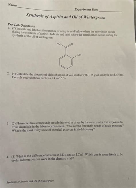 Solved Name Experiment Date Synthesis Of Aspirin And Oil Of Chegg Com
