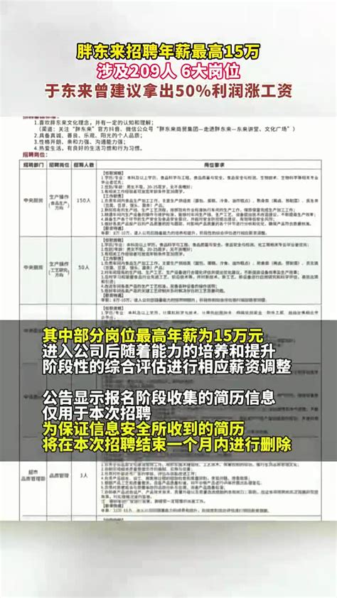 胖东来招聘年薪最高15万，涉及209人6大岗位。