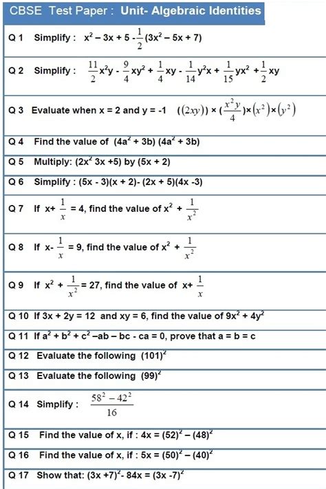 CBSE MATH STUDY ASSIGNMENT Class VIII Subject Maths Unit