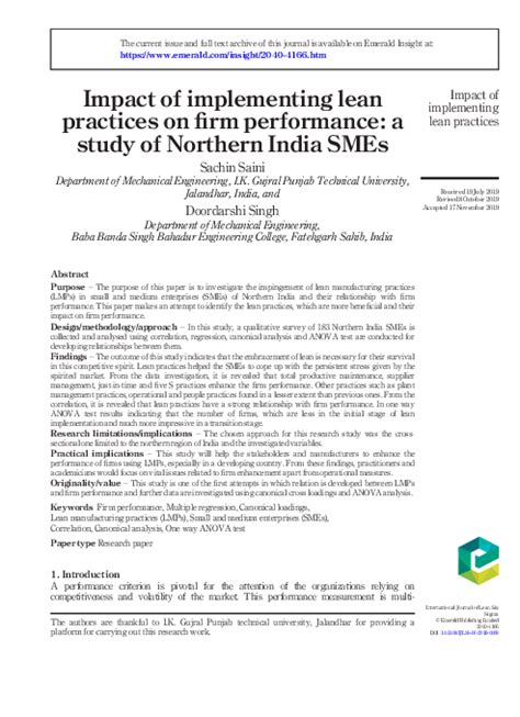 Pdf Impact Of Implementing Lean Practices On Firm Performance A