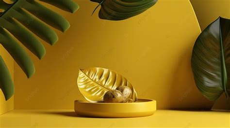 자연에서 영감을 받은 최소 제품 디스플레이 배경에 나뭇잎 그림자가 있는 노란색 3d 연단 노란 연단 3d 디스플레이