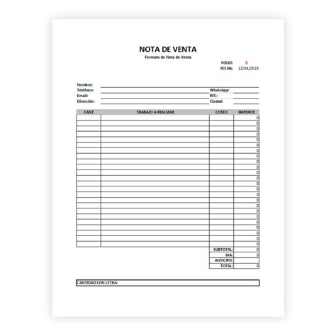 Plantilla De Nota De Venta En Excel Didocu