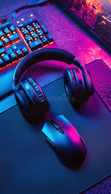 Colorful Gaming Setup With Headset Mouse And Keyboard Perfect For