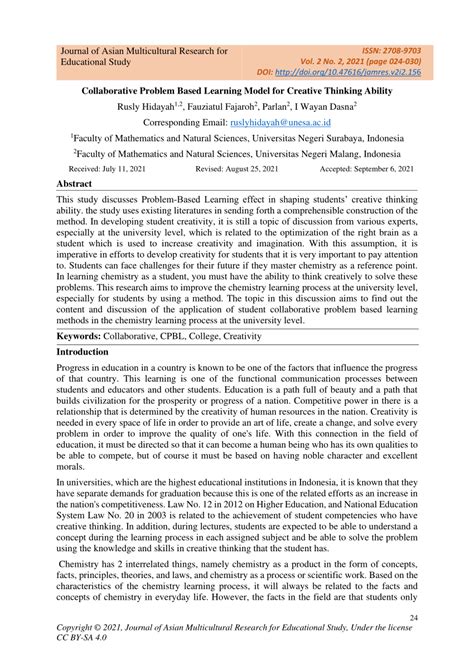 Pdf Collaborative Problem Based Learning Model For Creative Thinking