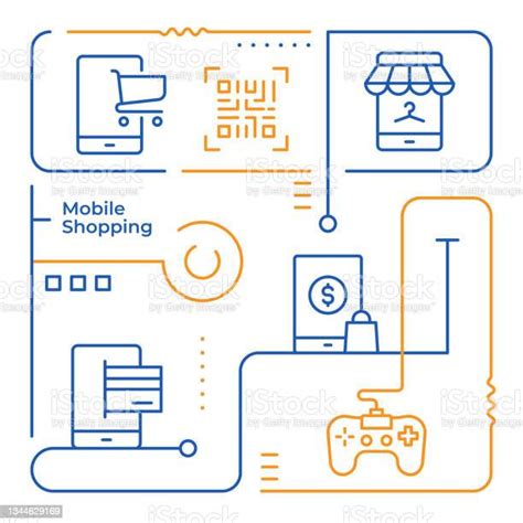 모바일 쇼핑 벡터 라인 일러스트레이션인인포그래픽 디자인 템플릿 Brand Name Mobile Payment에 대한 스톡 벡터