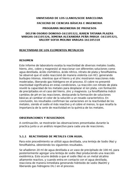 Informe Reactividad De Los Metales Pdf Magnesio Ácido Clorhídrico