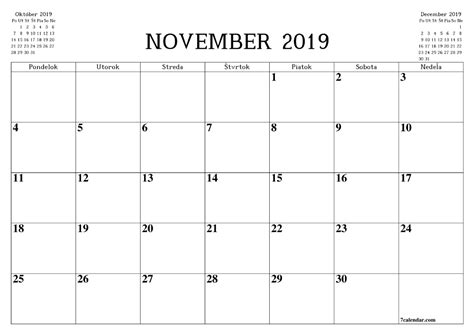 Prázdny Kalendár Na Tlač November 2019 Календарь Календарь для