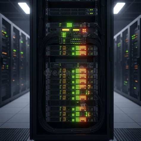Data Center Interior With Rows Of Server Racks Central Focus On A Rack