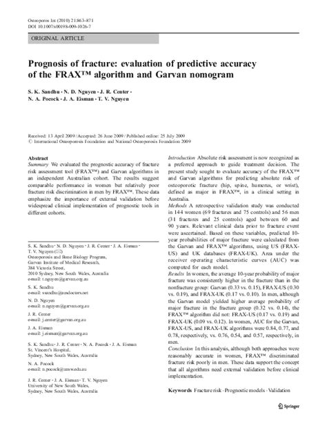 Pdf Prognosis Of Fracture Evaluation Of Predictive Accuracy Of The