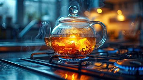 Glass Teapot Brewing Herbal Tea On Gas Stove Generative Ai Stock
