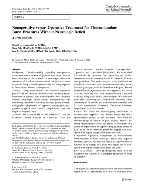 Pdf Nonoperative Versus Operative Treatment For Thoracolumbar Burst Fractures Without