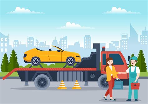 Auto Towing Car Using A Truck With Roadside Assistance Service In Template Hand Drawn Cartoon